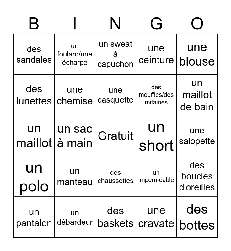 Les vêtements Bingo Card