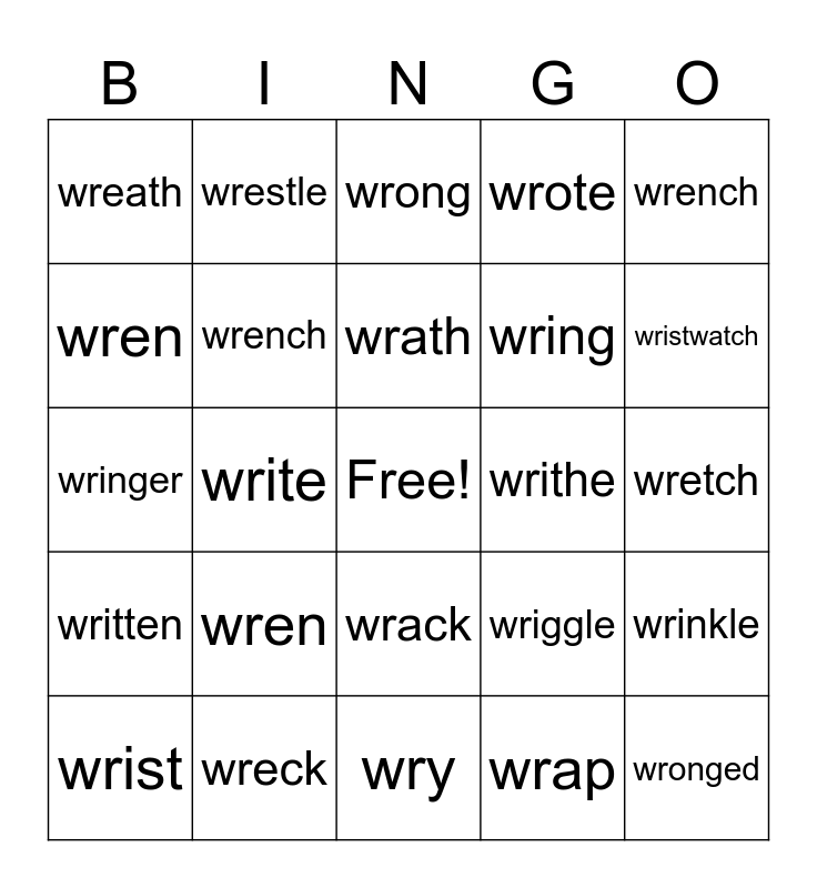 wr words Bingo Card