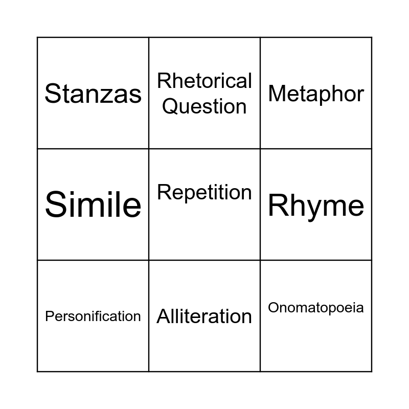 Poetic Device Bingo Card