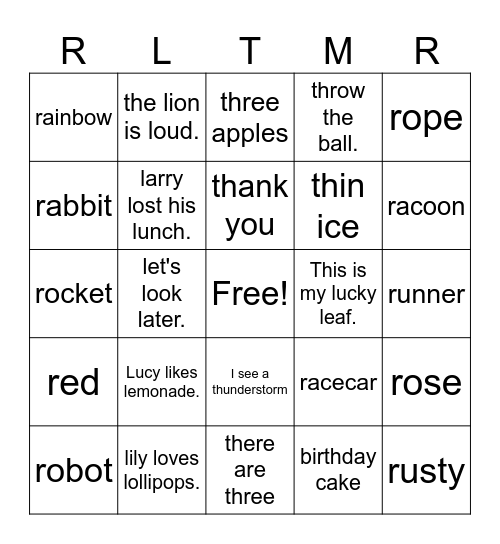 Articulation bingo Card