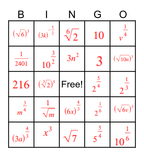 Radical and Rational Exponents Bingo Card