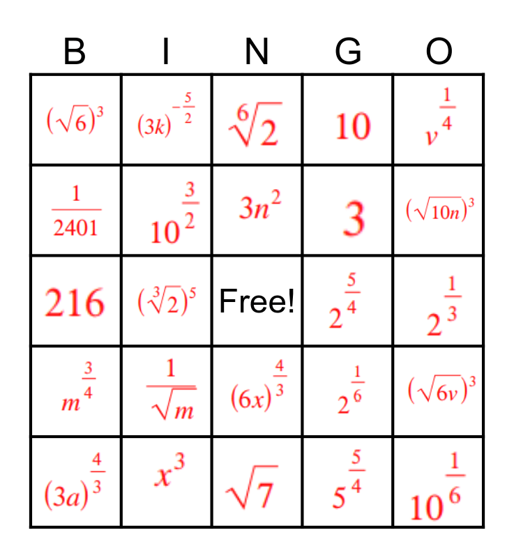 Radical and Rational Exponents Bingo Card