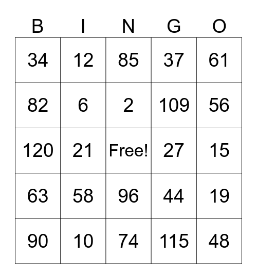 Place Value Bingo Card