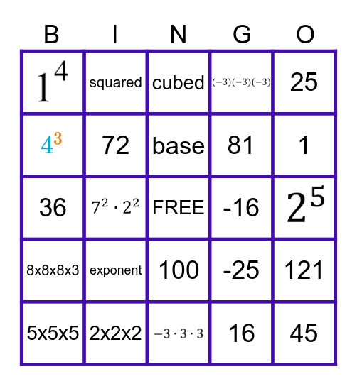 Intro to Exponents BINGO Card