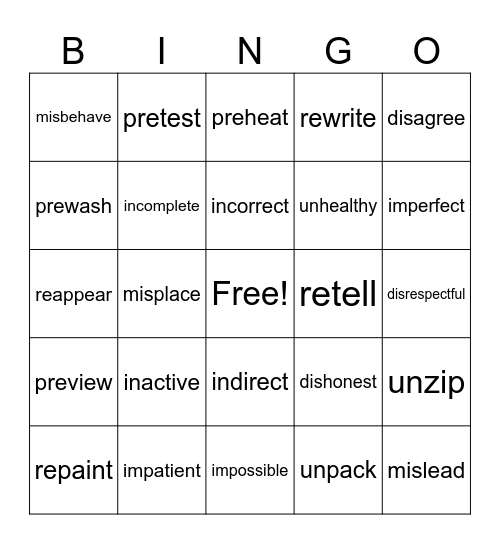 Prefix Bingo Card