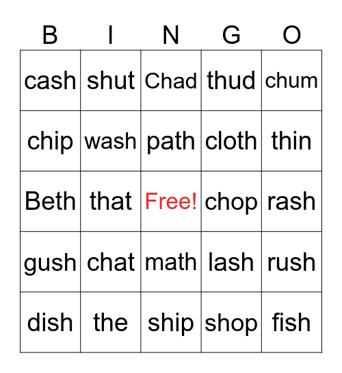 Consonant Digraph Bingo Card