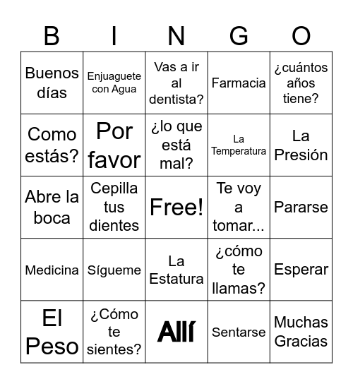MEDLIFE Medical Spanish Bingo Card
