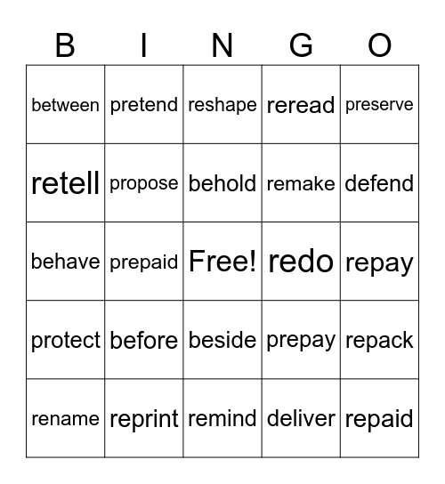 Prefixes Bingo Card