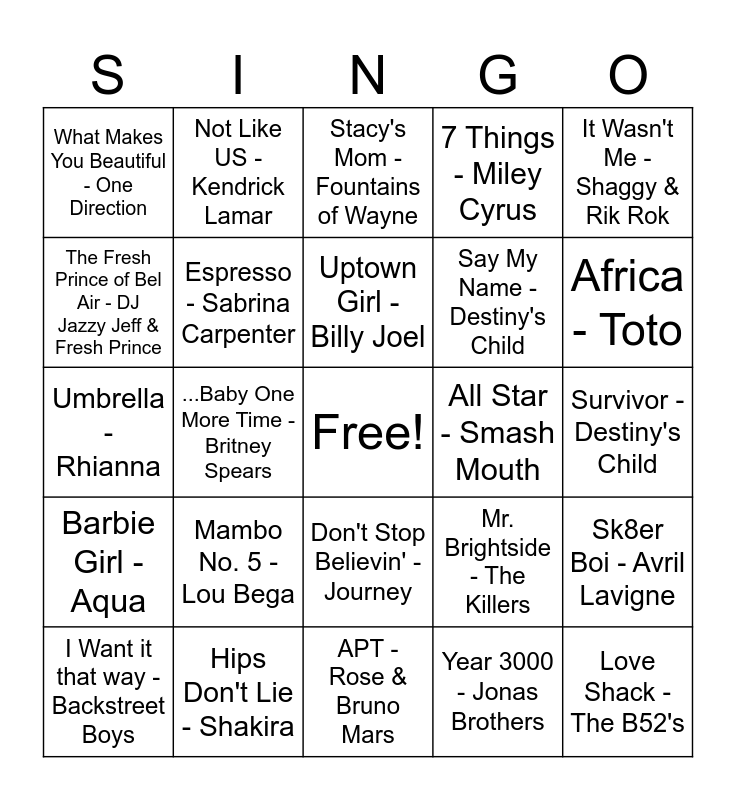 Singo Bingo Card