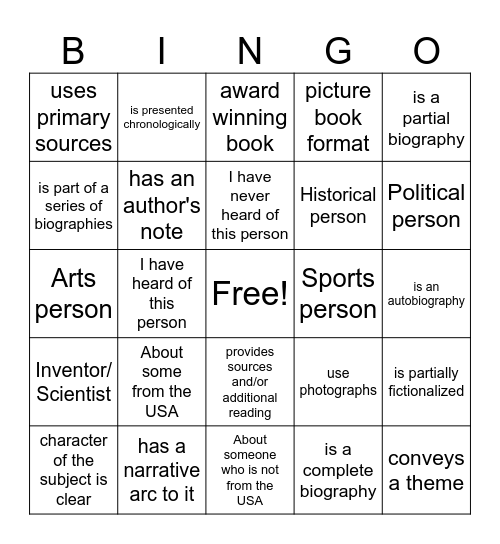 Biography Bingo Card