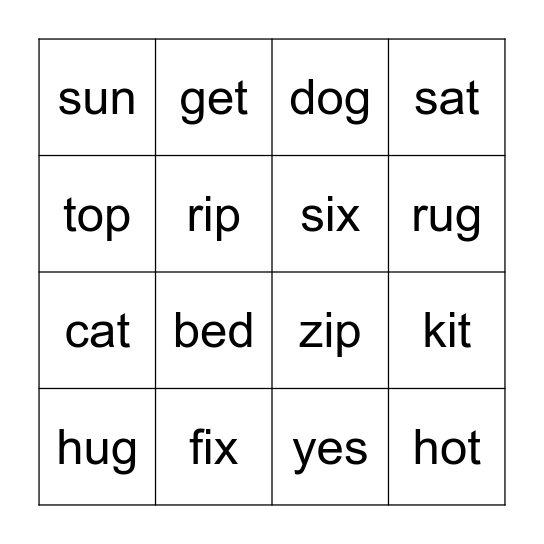 CVC Words Bingo Card