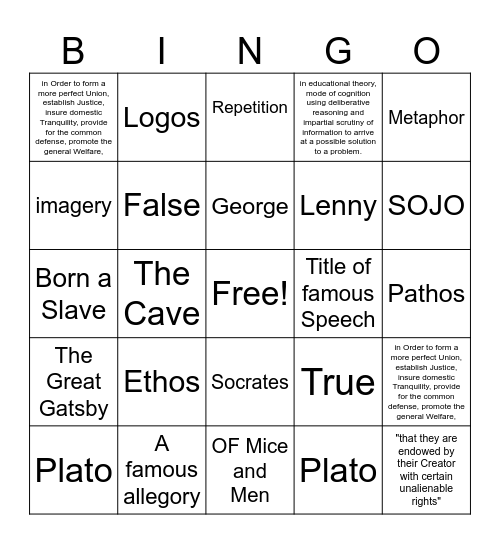 Foundational and Rhetoric Bingo Card