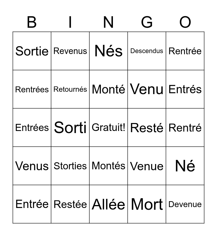Passe Compose Bingo Card