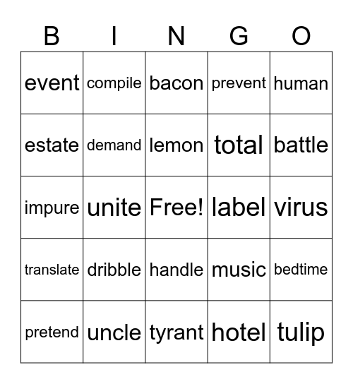 Review Words Bingo Card