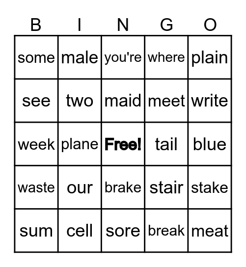 Homophone Bingo Card