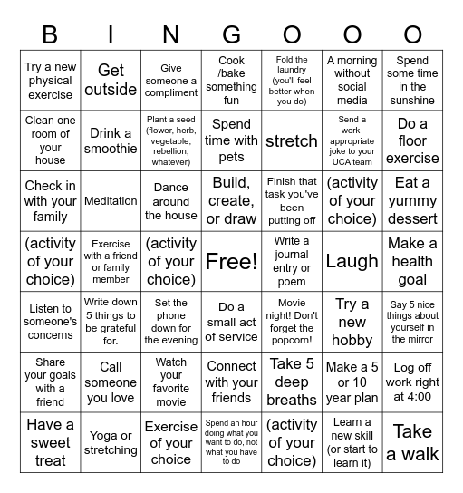 March Self Care and Mental Health Challenge Bingo Card