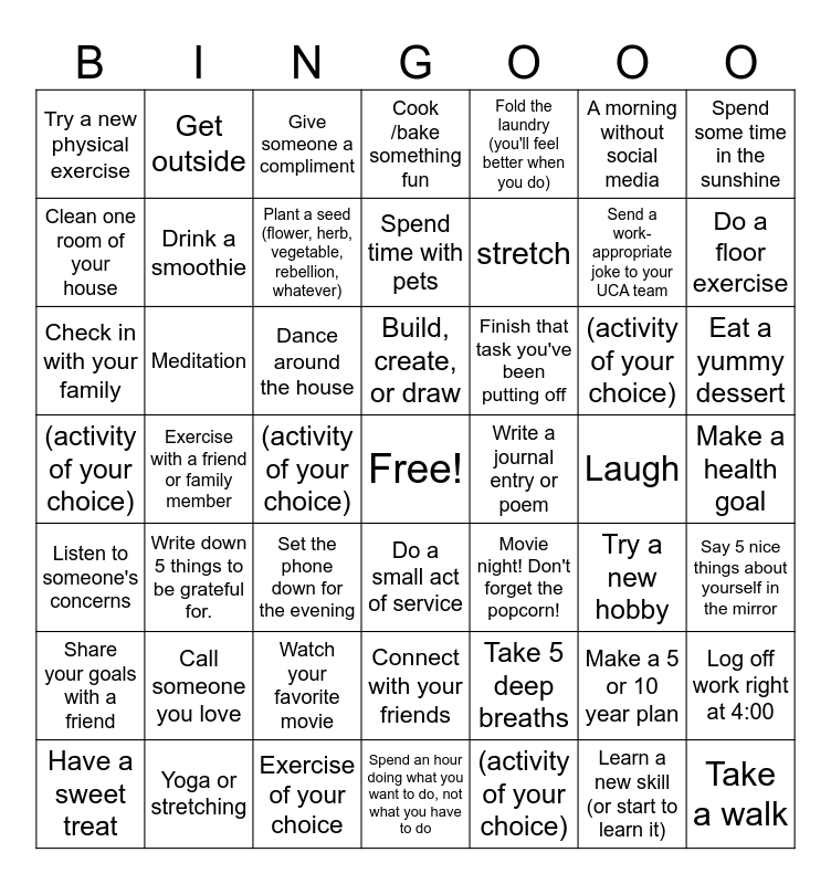 March Self Care and Mental Health Challenge Bingo Card