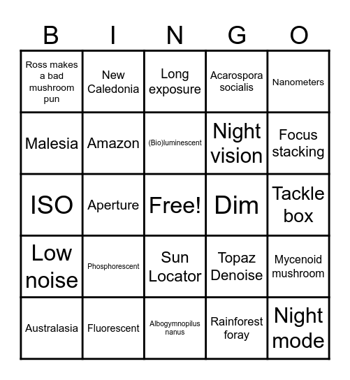 Fluorescent Fungi Bingo Card