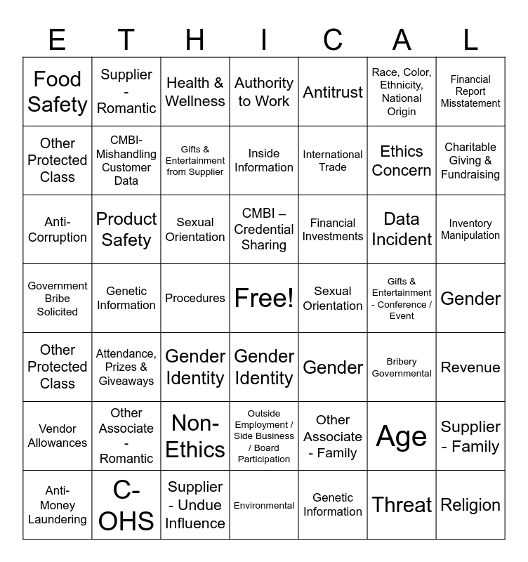 Global Ethics Bingo! Bingo Card