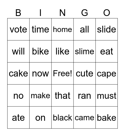 Spelling Words Bingo Card