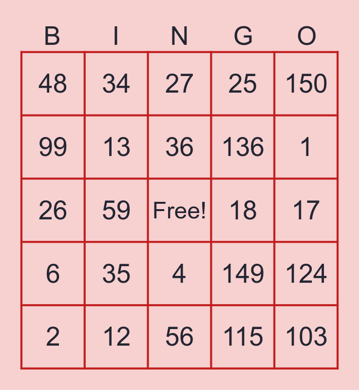 NUMBERS Bingo Card