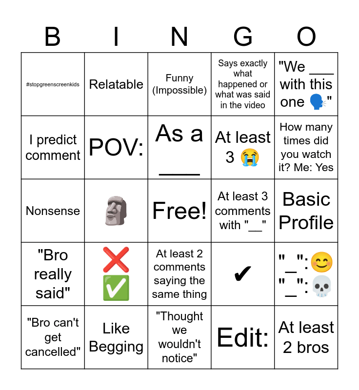 Comment Sections Bingo Card