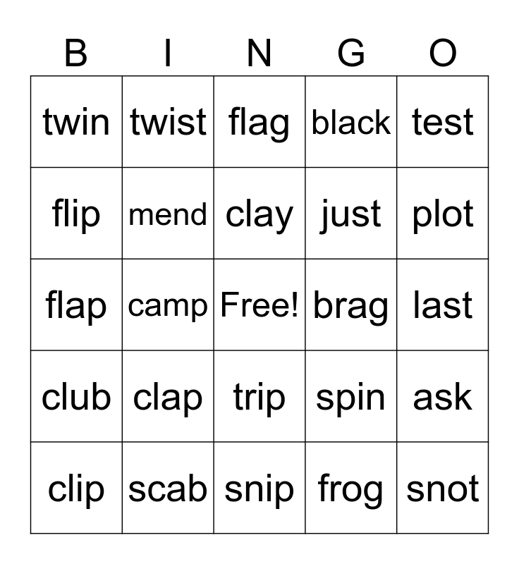 Consonant Blends Bingo Card