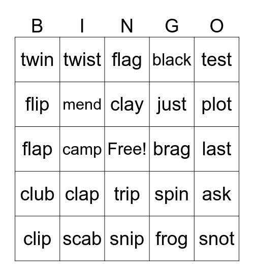 Consonant Blends Bingo Card
