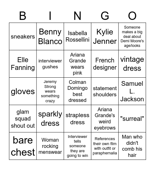 Red Carpet Bingo Card