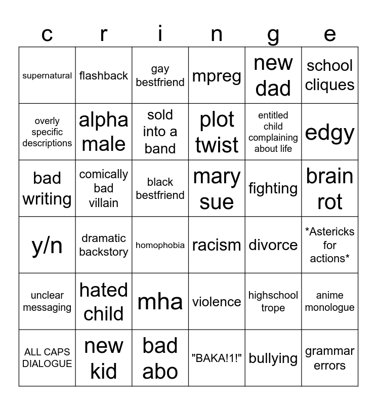 WattPad cringe Bingo Card