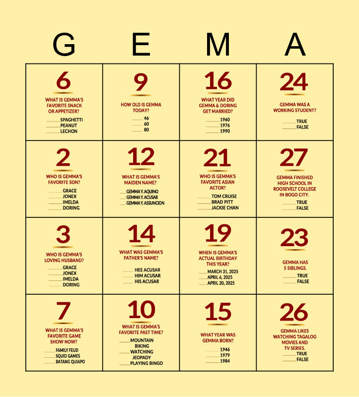 Gemma Bingo Card