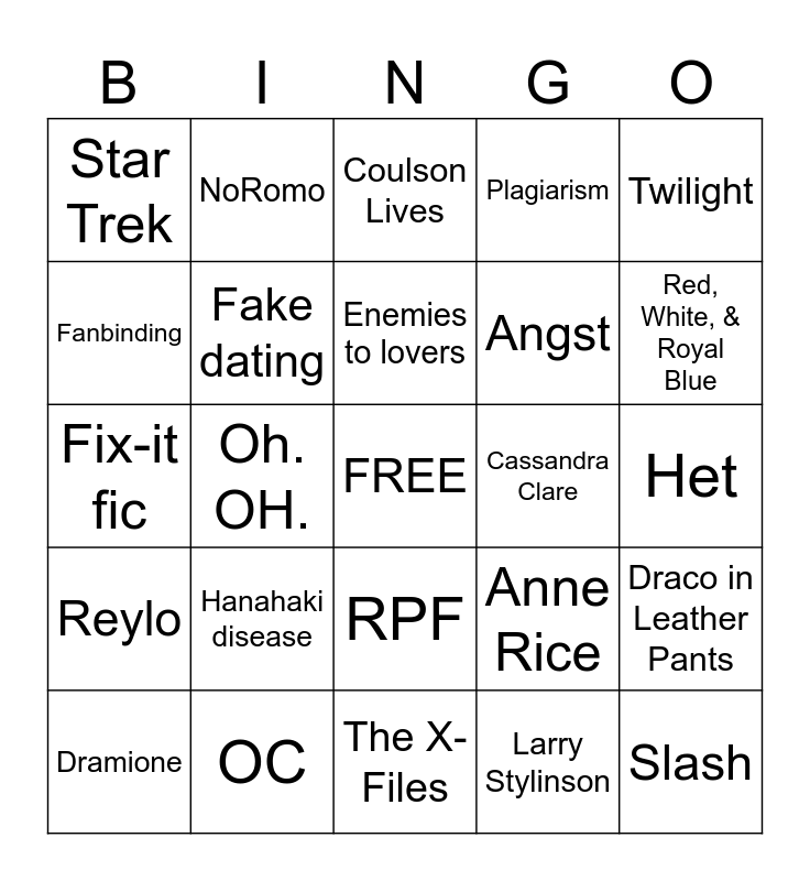 FAN FIC BINGO Card