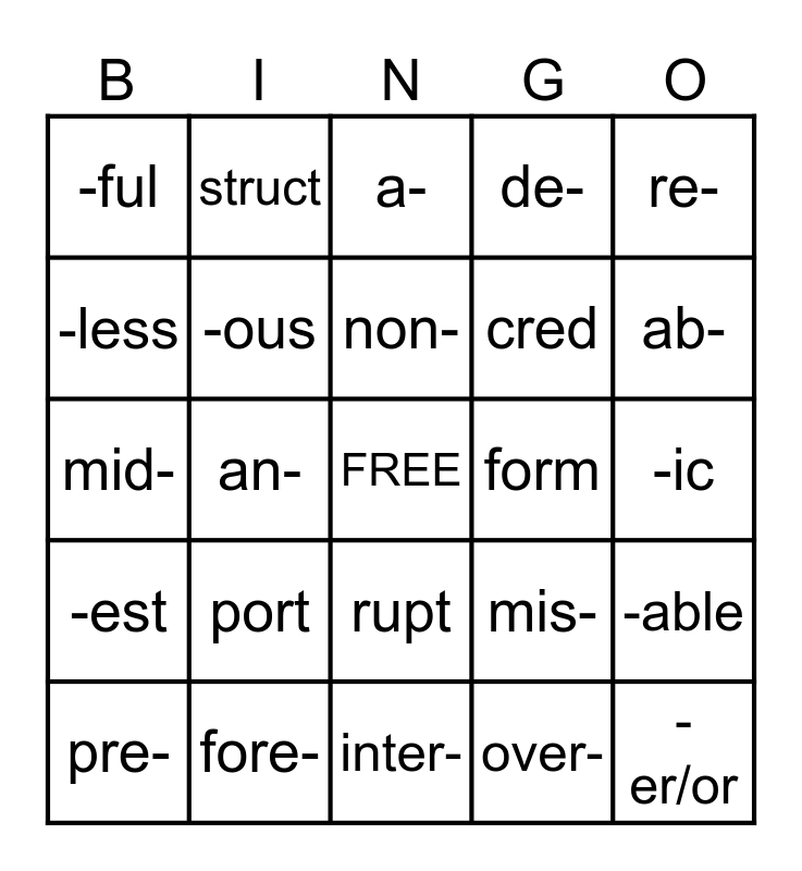 Morpheme Bingo Card