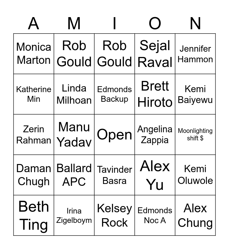 SHM Amion Bingo Card