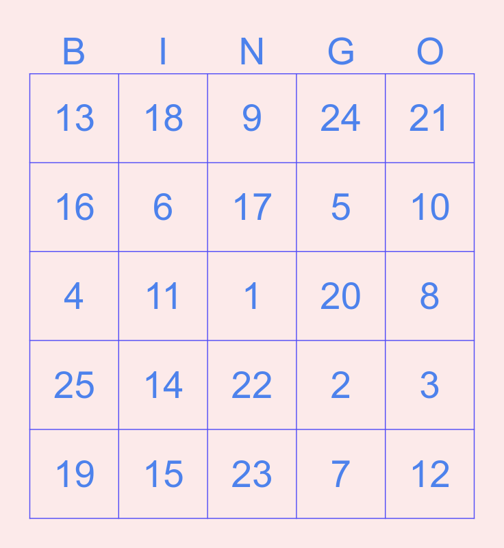 Square root Bingo Card