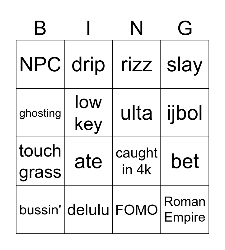 Slang Bingo Card
