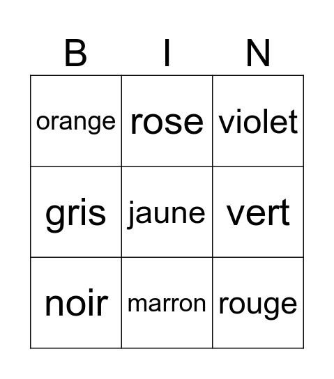 Les couleurs Bingo Card