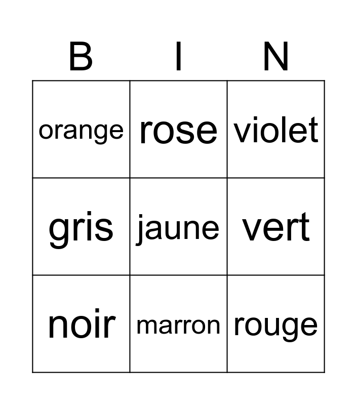 Les couleurs Bingo Card