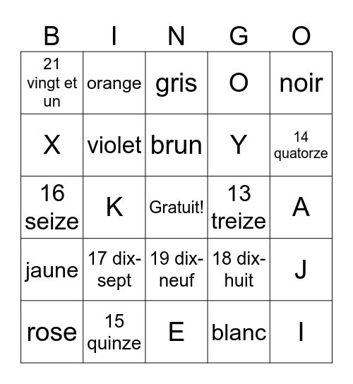 Couleurs et chiffres Bingo Card