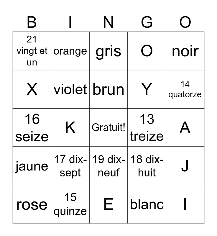 Couleurs et chiffres Bingo Card