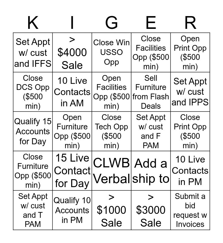 Cold Cash Kiger Bingo Card