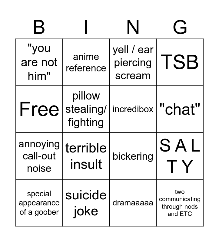 chaotic classroom bingo Card
