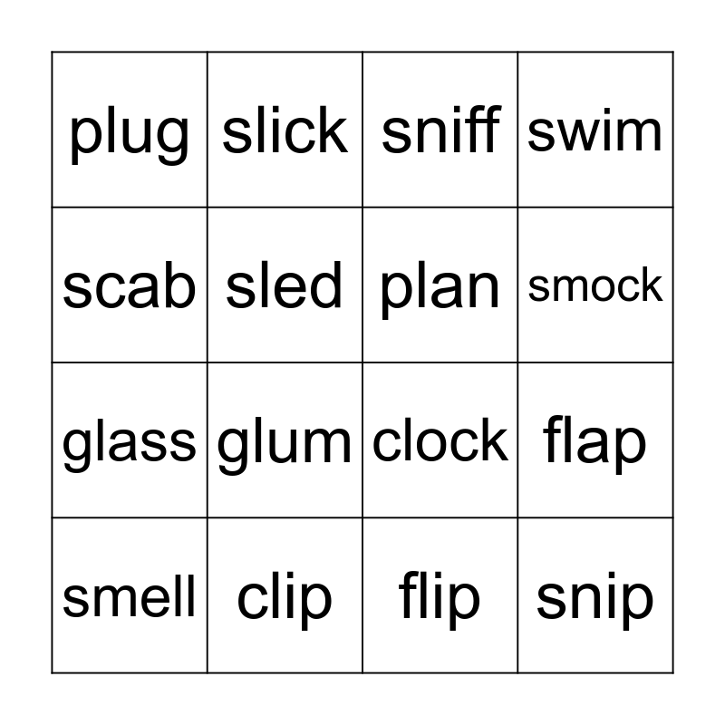 Beginning Consonant Blends Bingo Card