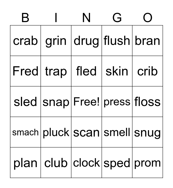 Blends and Digraphs Bingo Card