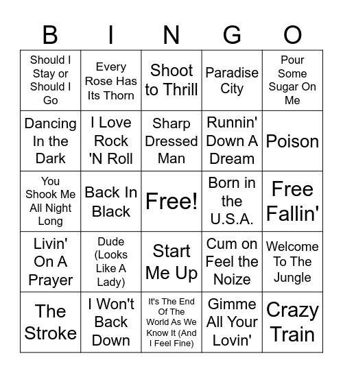 (G) 80s Rock Music Bingo Round 1 Bingo Card