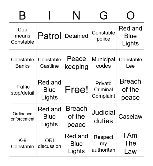 Constables on Patrol Bingo Card