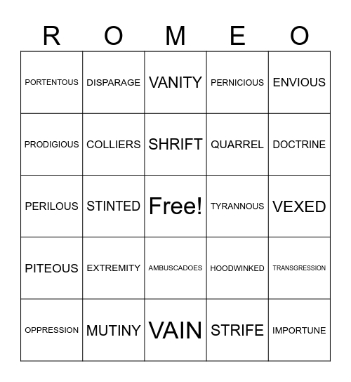 Romeo and Juliet Vocab Bingo Card