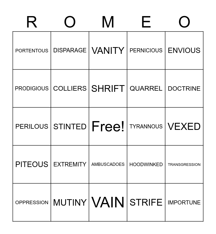 Romeo and Juliet Vocab Bingo Card