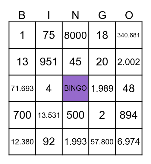 NUMBERS Bingo Card