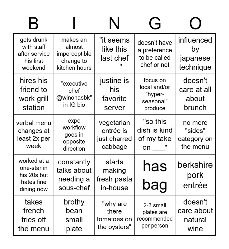 Winona's New Chef Bingo Card